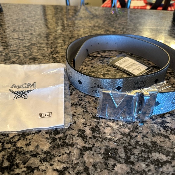 MCM | Accessories | Mens Mcm Belt Metallic Silver Claus Logo Buckle ...